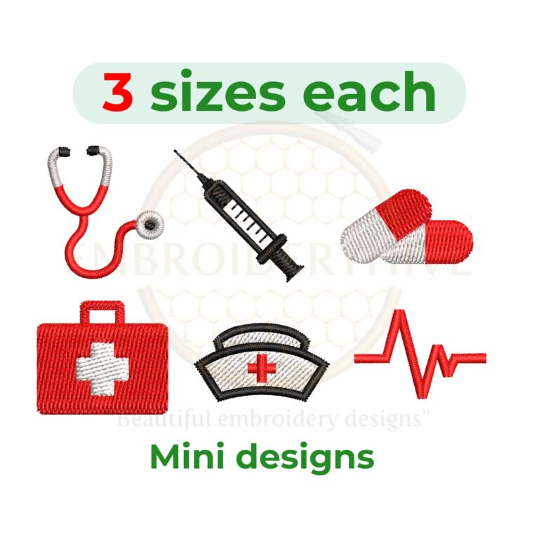 Mini Medical Embroidery Design Set (Capsules, Syringe, Stethoscope ...