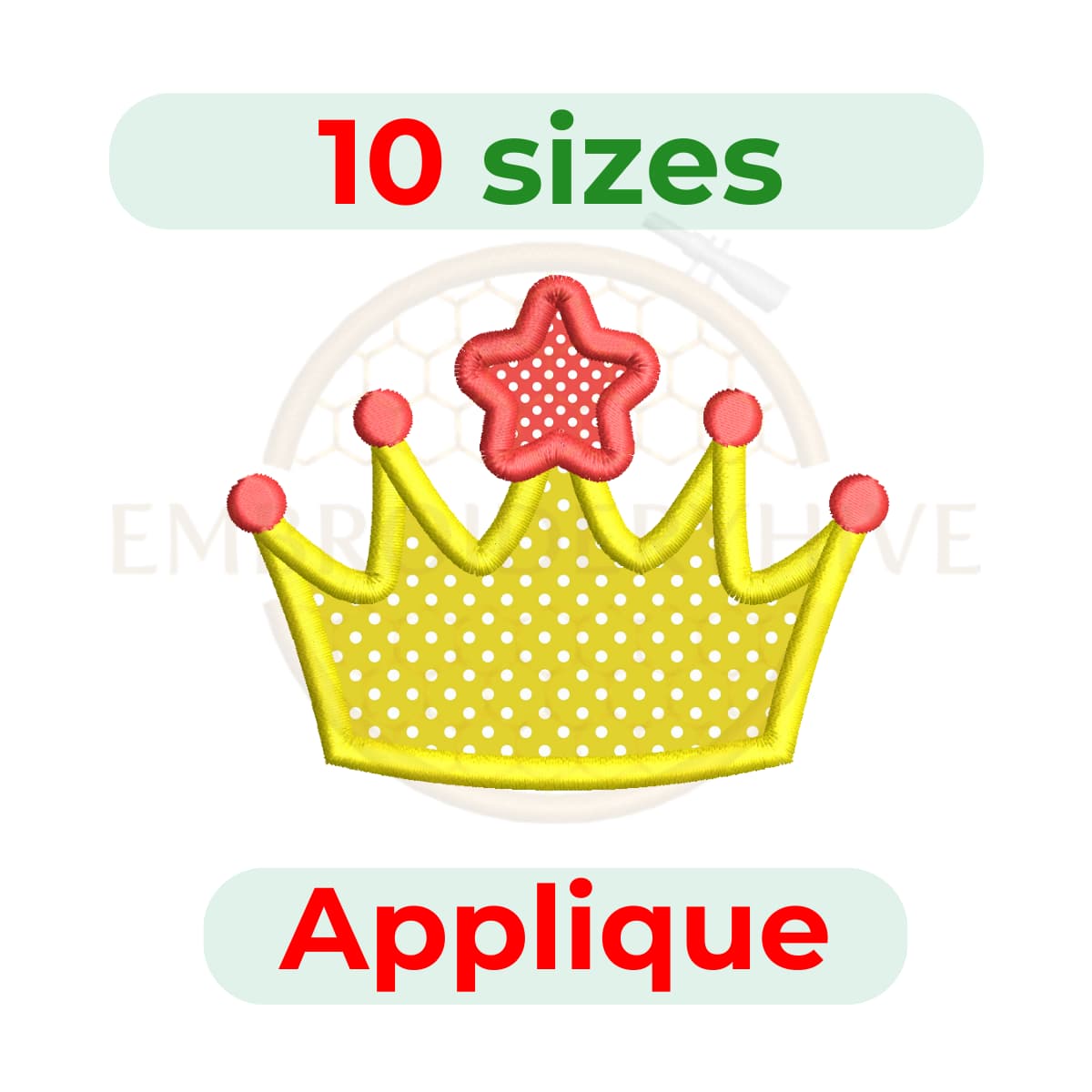 Crown Applique Embroidery Design (3.5–7.5 inch) - EmbroideryHive