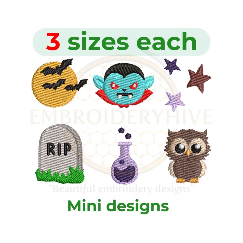 Mini Halloween Machine Embroidery Design Set (moon, dracula, gravestone ...